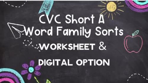 CVC Short A Word Family Black & White Worksheets & Digital Easel Activity