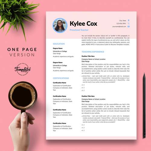 Beautiful Teacher Resume - Kylie Cox / Teacher CV for MS Word & iWork Pages