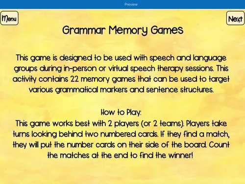 Grammar Memory Games Boom Cards™ Speech Therapy Grammar Activity # ...