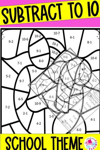 Back to School Color by Number Code Subtraction within 10 Coloring ...