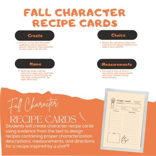 Fall Character Analysis Recipe Cards w/editable Google Slides Rubric