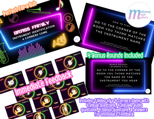 Elementary Music Brass Family 4 Corners Game by MahoneyMusicMakers