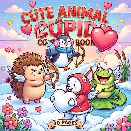Cute Animal Cupid Coloring Book, 30 Valentine Coloring Pages Kawaii ...