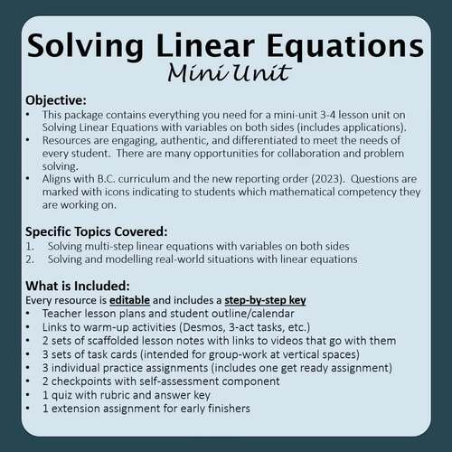Solving Linear Equations Variables on Both Sides Mini Unit with Word ...