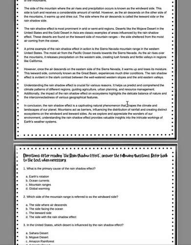 Rain Shadow Effect Reading Worksheet | Comprehension & Writing Task