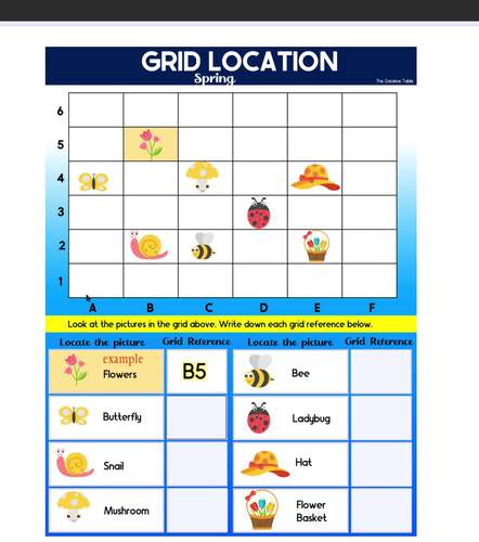 Grid Location digital worksheet (Spring elements grid reference activity)