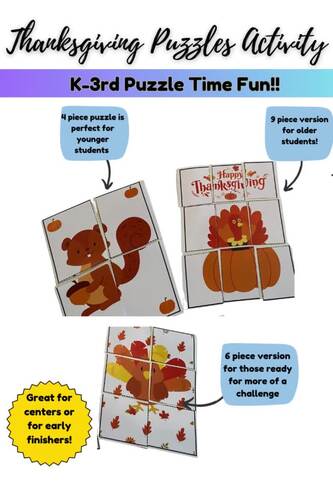 Thanksgiving-Themed Puzzles | 3 Difficulty Levels Grades PreK-3