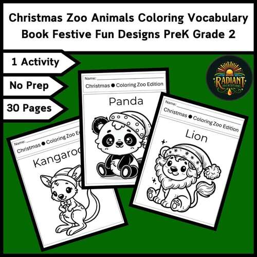 Christmas Zoo Animals Coloring Vocabulary Book Festive Fun Designs PreK ...