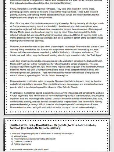 Monasteries and Catholic Church Reading Passage Worksheet | Comprehension