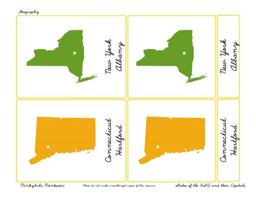 US Geography States and Capitals 3, 4, 5 Part Cards Set 50 Cards in CURSIVE