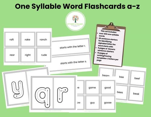 One Syllable Words Flashcards- a-z-over 400 words | TPT