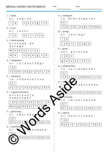 Spanish English Bilingual Vocabulary Worksheets Cards Puzzles Games MEDICAL