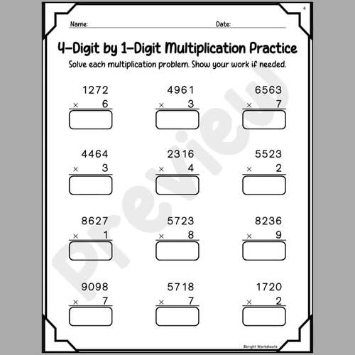 4-Digit by 1-Digit Multiplication Worksheets | 4th Grade | No Prep ...