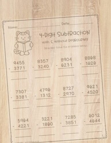 Back to School 4-Digit Subtraction Worksheets With & Without Regrouping ...