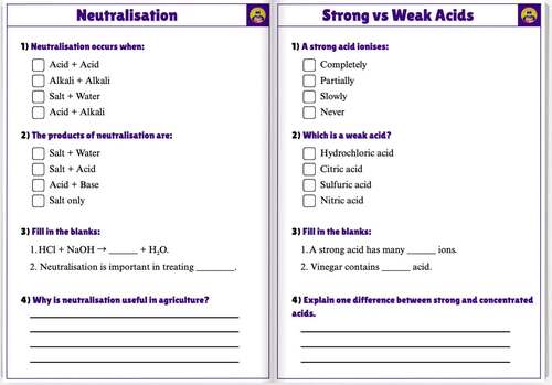 Acids and Alkalis Worksheet Pack (Grades 6–8) | pH Scale, Indicators, Reactions