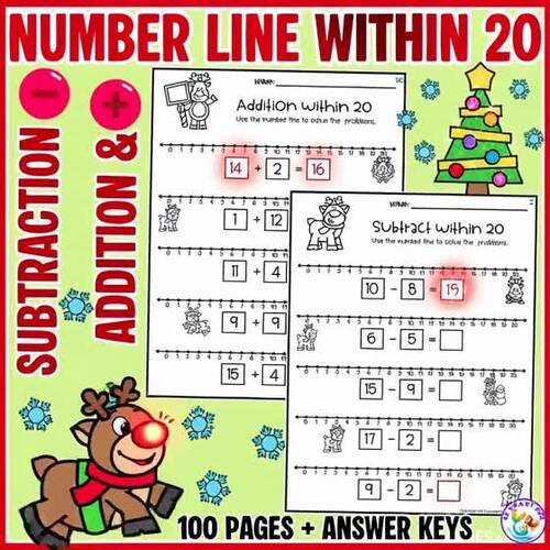 Rudolph Number Line Add & Subtract Within 20 Worksheets Bundle ...