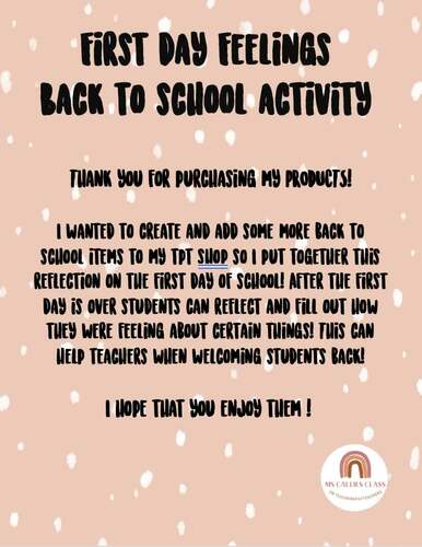 First Day Feelings Student Reflection for Back to School by Ms Callies ...