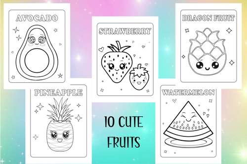 Cute Fruits Coloring Pages with Their English Spelling - Black Outlined