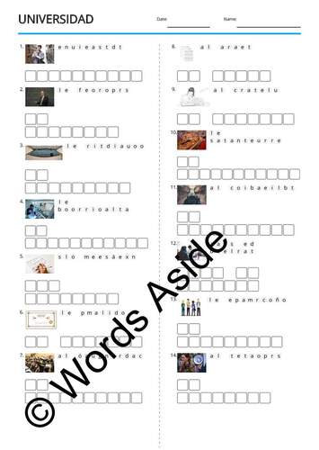 Spanish Vocabulary Writing Spelling Worksheets Crossword Anagram UNIVERSITY