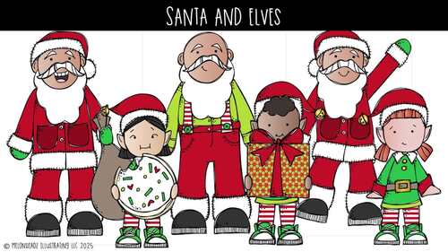 Santa and Elves clip art medium skin tone, Christmas clip art Mini
