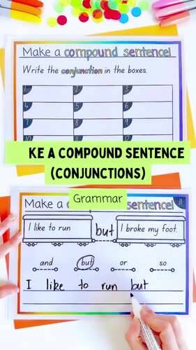 Simple and compound sentence worksheets and grammar game using conjunctions