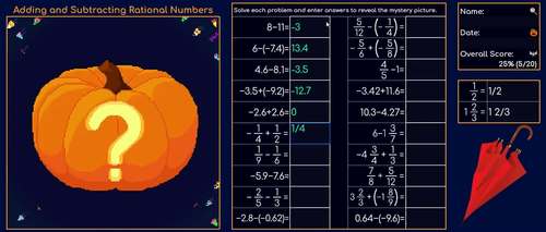 Halloween Adding & Subtracting Rational Numbers Mystery Picture Pixel ...