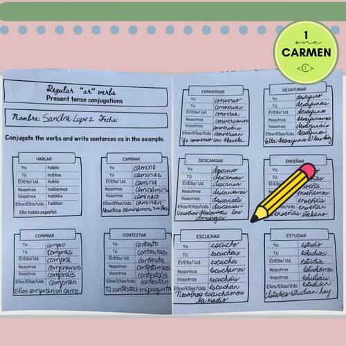 AR Verbs Conjugation Practice charts Present tense. Print, editable, EASEL