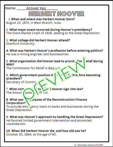 Herbert Hoover US President Study Guide & Worksheet Coloring and Questions