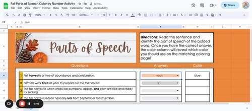 Fall Parts of Speech Color-by-Number Activity for Secondary ELA | TPT