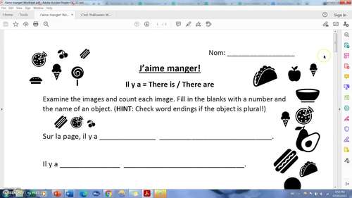 J'aime manger! (French Food-themed Worksheet to Practice 'il y a')