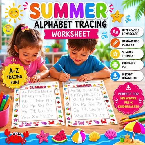 Summer Alphabet Tracing Worksheet Uppercase & Lowercase Letter ABC ...