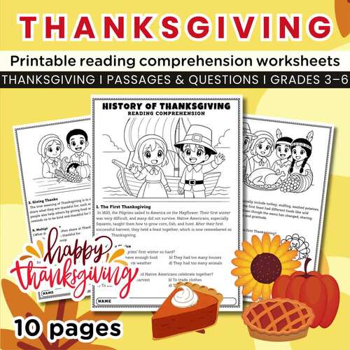History of Thanksgiving Reading Comprehension Worksheets, Passages ...