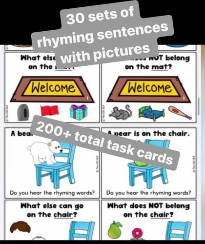 Rhyming Words Sentences with Pictures Task Cards - Rhyming Words with ...