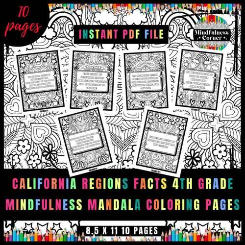 California Regions Facts, 4th Grade Relaxing Coloring Sheets, No Prep
