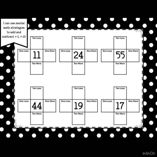 Math Centers—Mental Math Write and Write Activity: Strategy +-1 and +-10