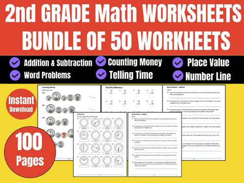 2nd Grade 50 Worksheets Math Bundle , Printable Addition Subtraction ...