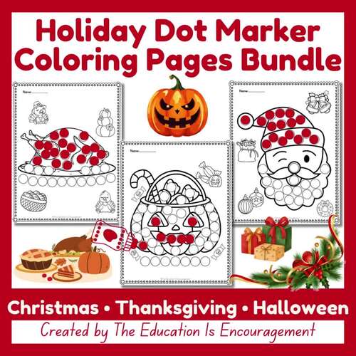 Holiday Dot Marker Coloring Pages Bundle | Christmas, Thanksgiving ...