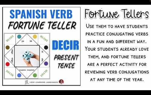 Spanish verb DECIR PRESENT TENSE conjugation - Fortune teller - Cootie ...