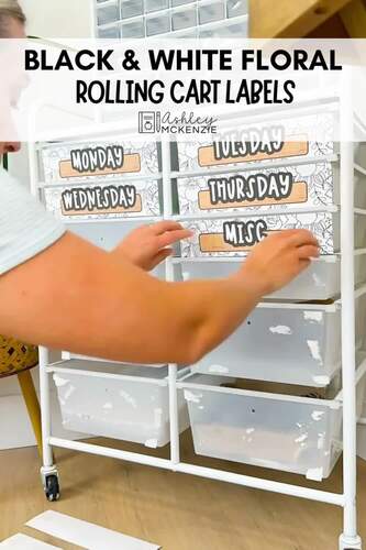 Floral Black and White Classroom Decor | Rolling Cart Labels - Editable!