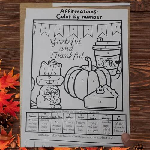 Thanksgiving Activities Word Search Maze Affirmations Color by number