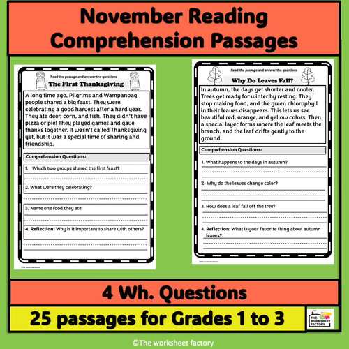 November Reading Comprehension Passages | 26 texts with Questions G1 to 3