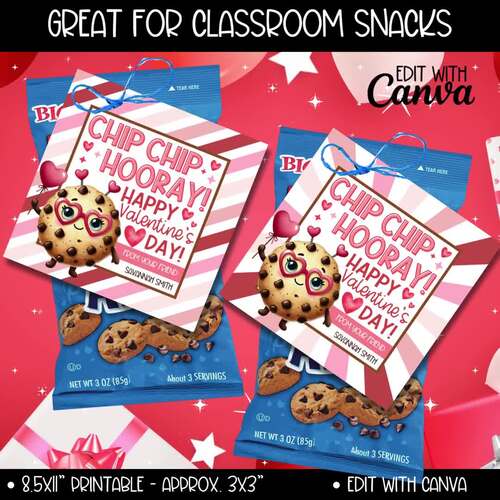 Valentine's Day Chocolate Chip Cookie Cards, Class Treat Tags, Gift ...