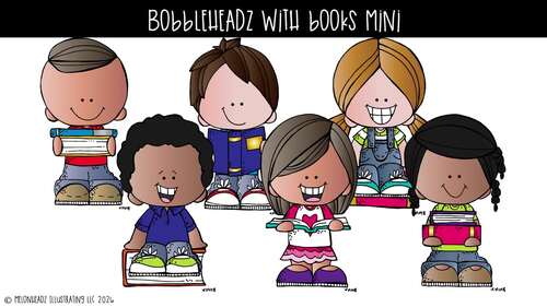 Bobbleheadz clip art, books, reading, library Mini by Melonheadz Clipart