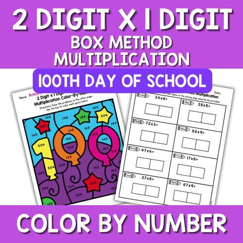 100 Days of School 2 Digit by 1 Digit Multiplication Box Method Color ...