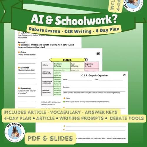 AI in Schoolwork Debate Lesson • CER Writing • 4-Day ELA Plan (Grades 5–8)