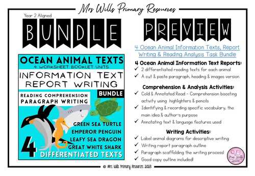 Ocean Animal Information Texts, Report Writing & Reading Analysis Bundle