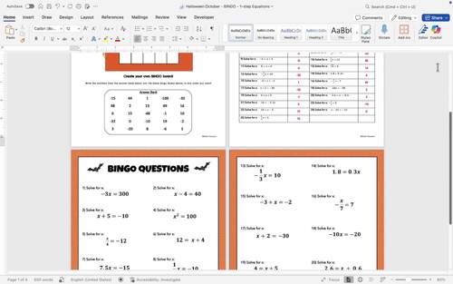 6th Grade Halloween Math Game Solving One-Step Equations Review Bingo