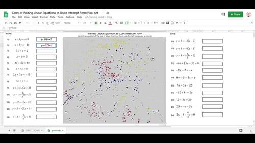 Google Sheets Digital Pixel Art Math Writing in Slope Intercept Form
