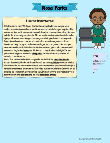 Rosa Parks Spanish Biography Editable by Insight Butterfly | TPT