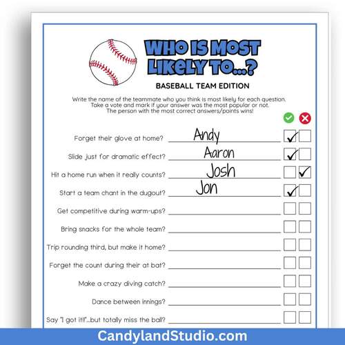 Baseball "Who is Most Likely" Team Building Game/Activity by Candyland ...